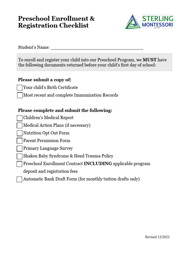 Preschool Enrollment Checklist - 24-25 - FILLABLE | PDF | Career ...