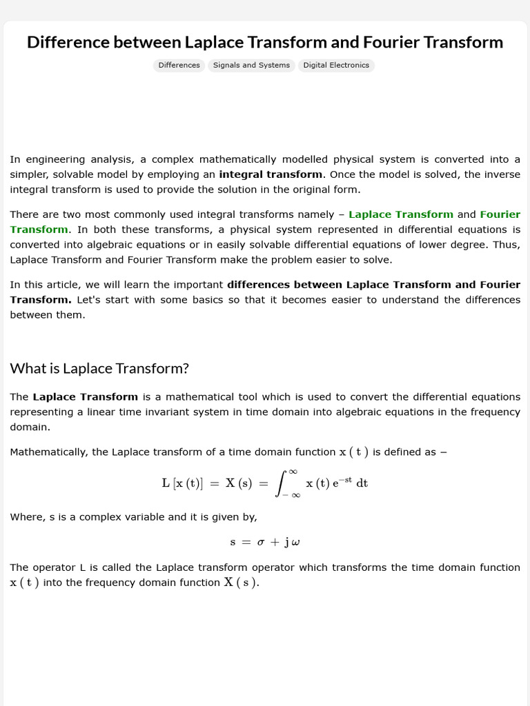 Difference between Laplace Transform and Fourier Transform | PDF ... Difference between Laplace Transform and Fourier Transform | PDF ...