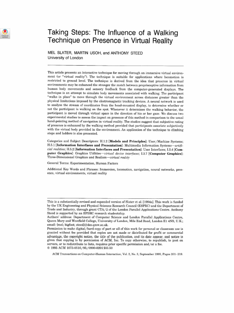 Taking Steps, The Influence of A Walking Tecnique On Presence in Virtual Reality | PDF | Virtual ...