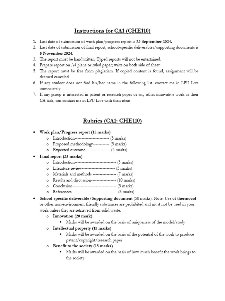 Instructions For CA1 (CHE110) : 1. 23 September 2024. 5 November 2024 | PDF | Environment ...