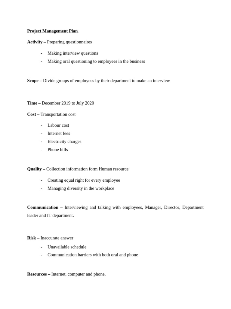 Project Management Plan | PDF | Survey Methodology | Project Management