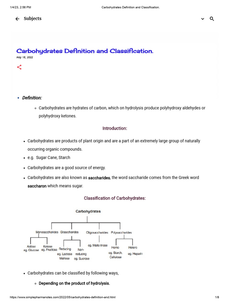 Carbohydrates: Definition and Classification | PDF | Carbohydrates ...