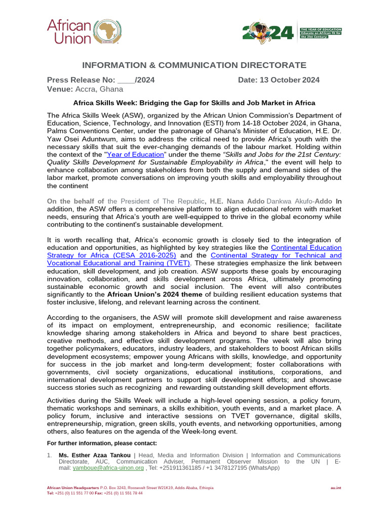 Africa Skills Week 2024 Overview | PDF | African Union | Africa