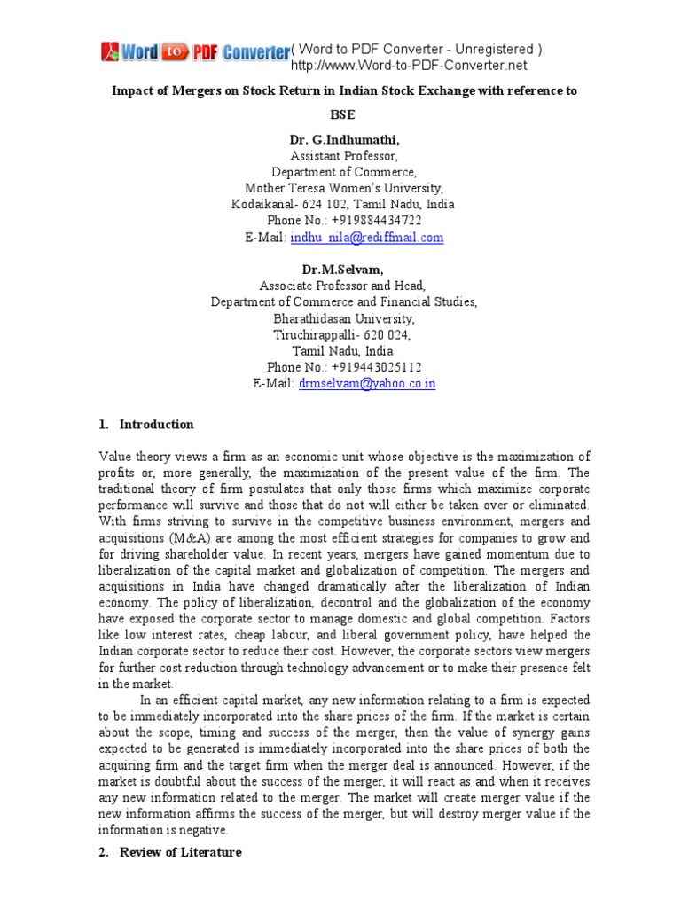 Merger Bse Paper | PDF | Mergers And Acquisitions | Stocks