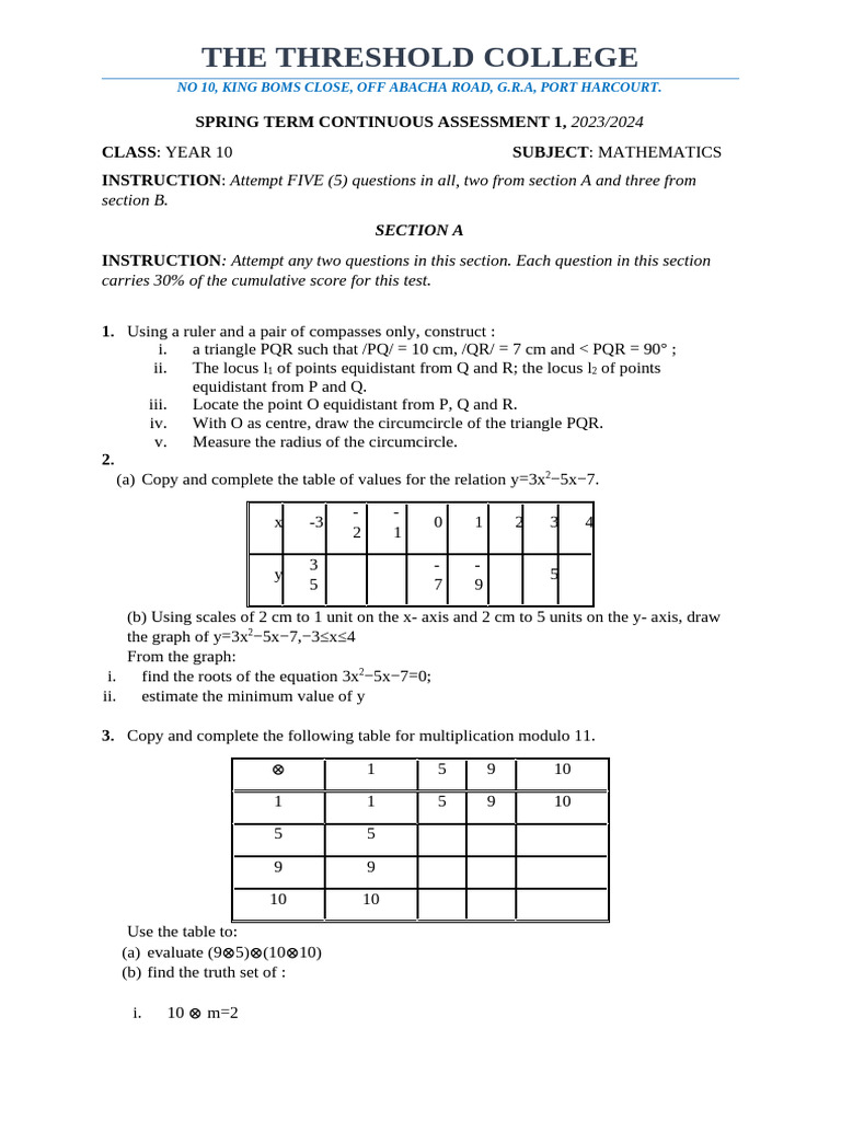 Year 10 Mathematics Assessment 2023/24 | PDF