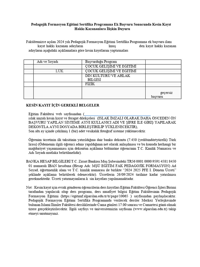 EK - Formasyon Ders Kayıt Ve Ders Porgramı Duyurusu | PDF