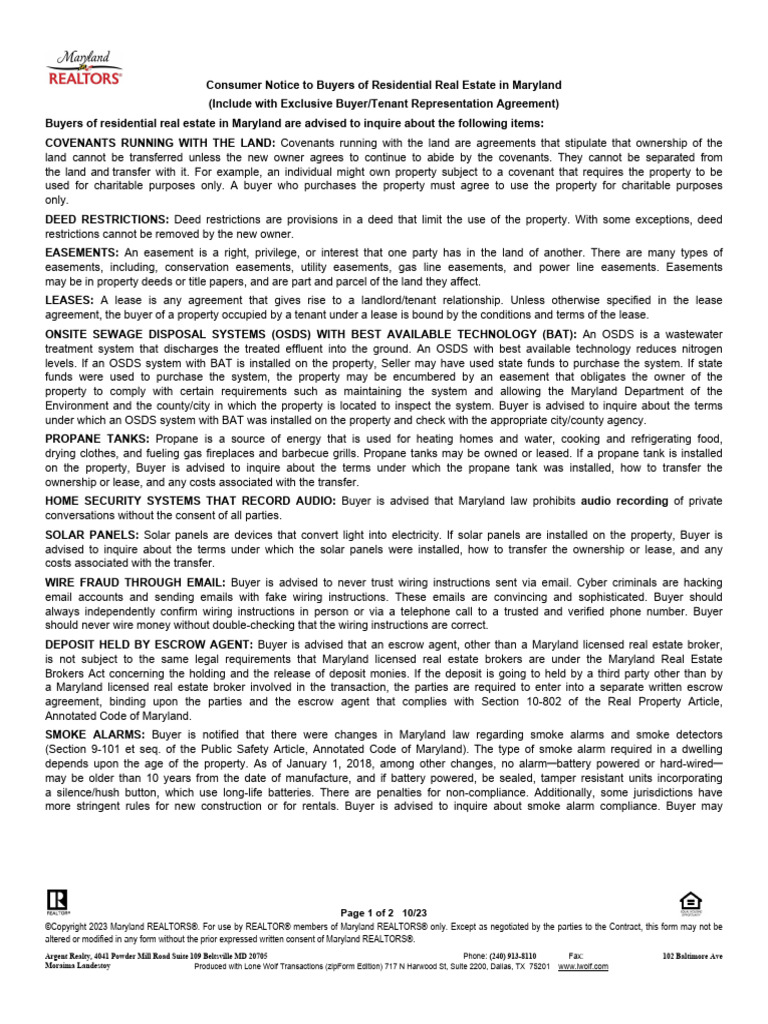 Consumer Notice For Buyers of Residential Real Estate in Maryland - 1023 | PDF | Covenant (Law ...