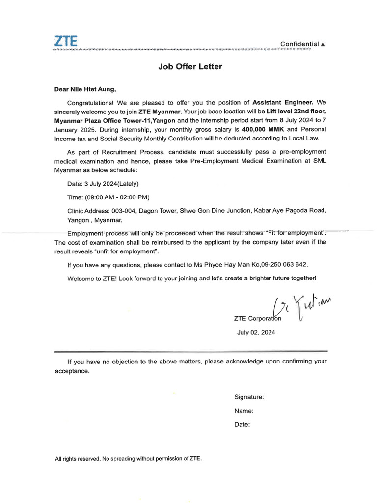 Offer Letter Nile Htet | PDF