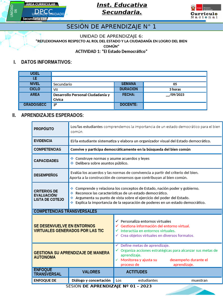 3º DPCC- SES 1 UNI 6 - SEM 01 | PDF | Democracia | Ideologías políticas
