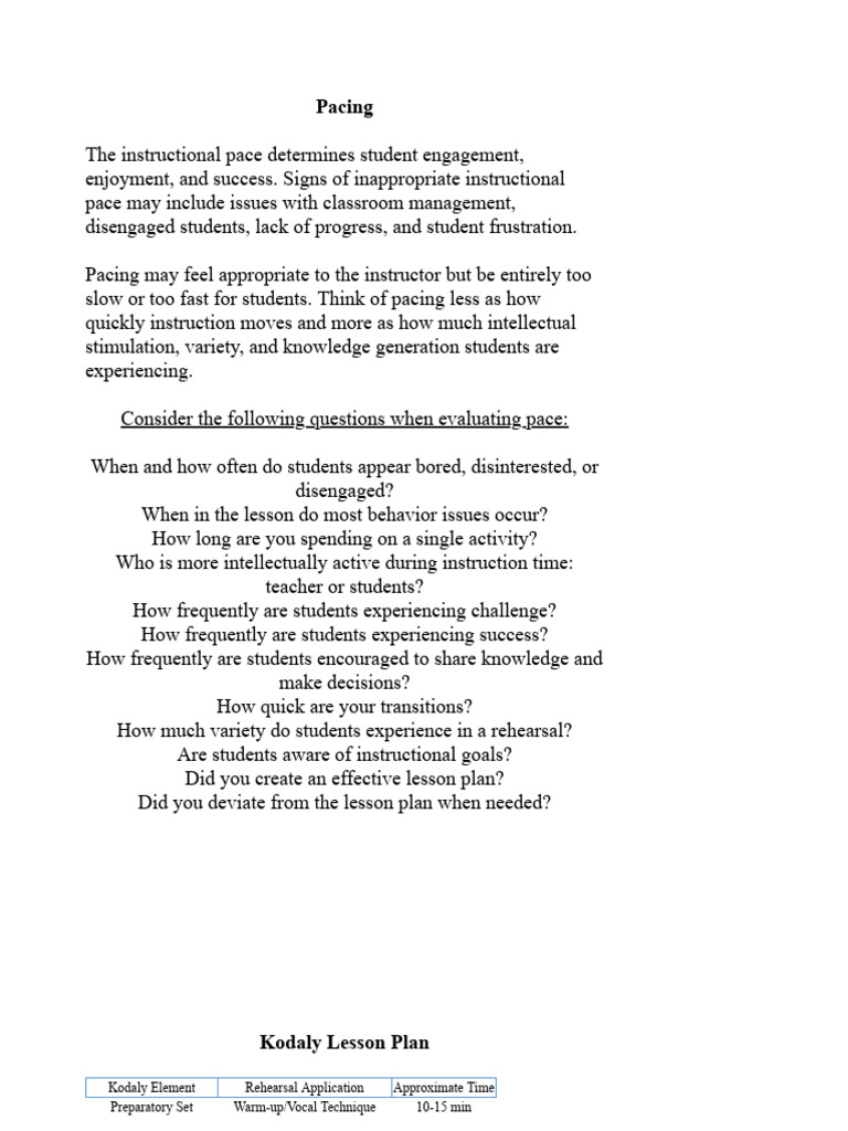 Kodaly Lesson Plan-Pacing | PDF