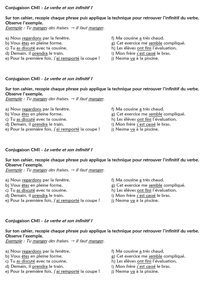 Exercices sur le verbe et l'infinitif CM1 | PDF | Verbe | Morphologie