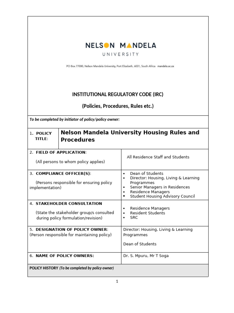 Nelson Mandela University Housing Rules | PDF | Identity Document | Policy