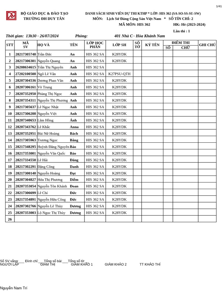 DS Lịch sử Đảng Cộng Sản Việt Nam HIS 362 SA-SO-SS-SU-SW | PDF