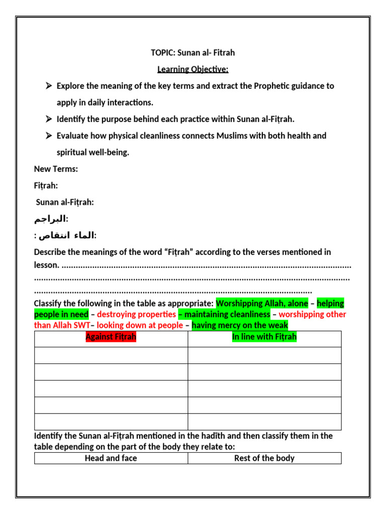 Task Sheet Lesson Sunan Al Fitrah | PDF | God In Islam | Hadith