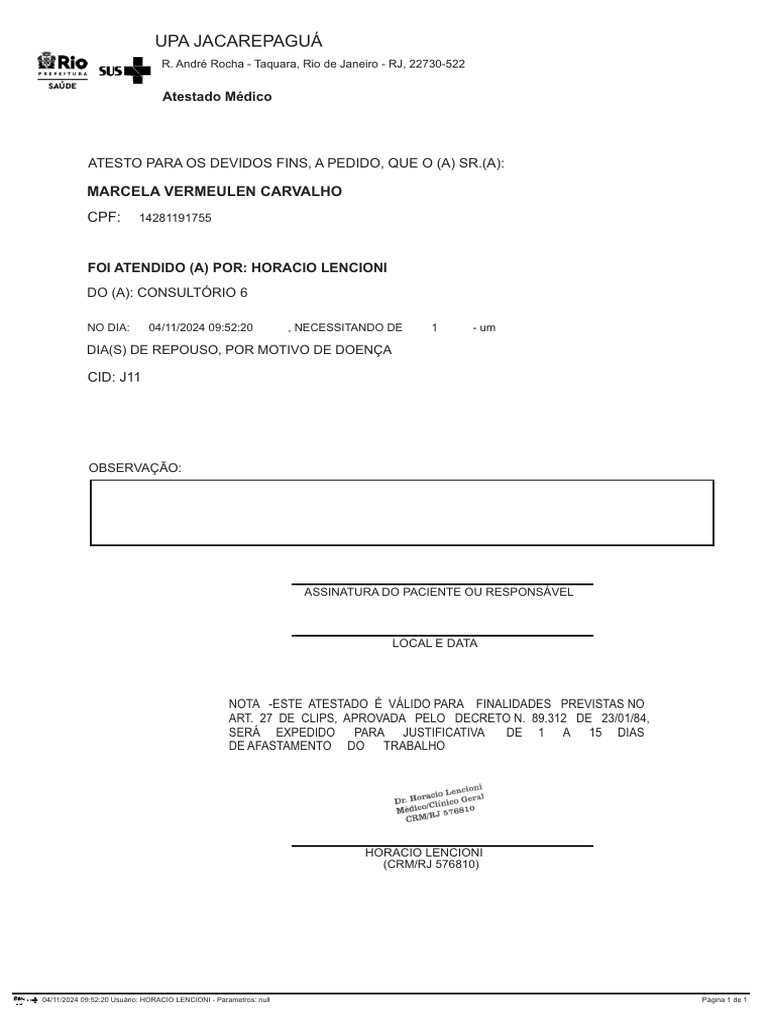 Atestado Upa RJ Capital | PDF