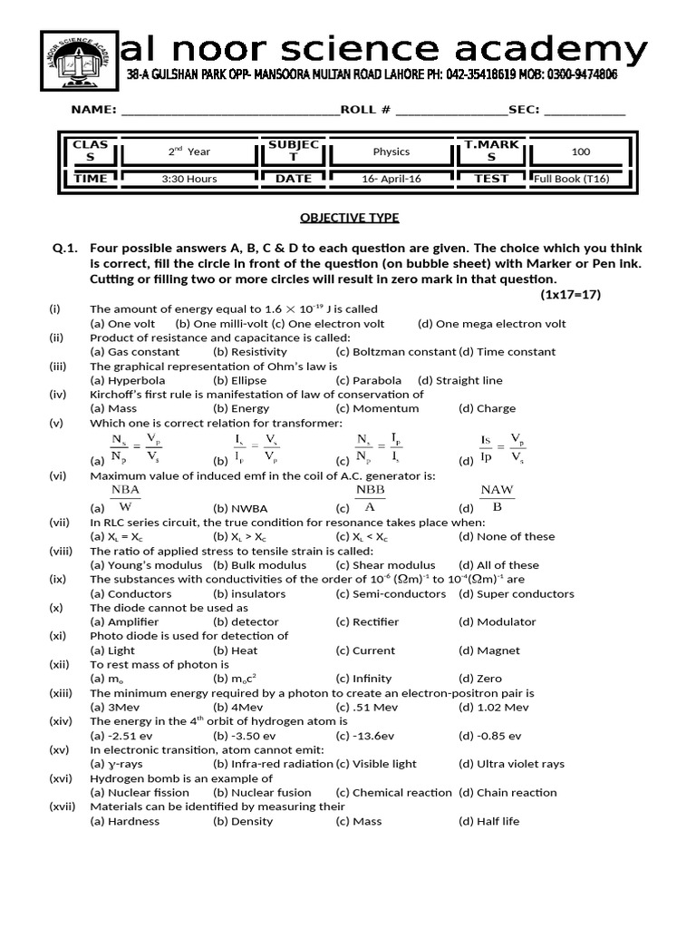 Physics Test Paper for 2nd Year Students | PDF | Volt | Inductor