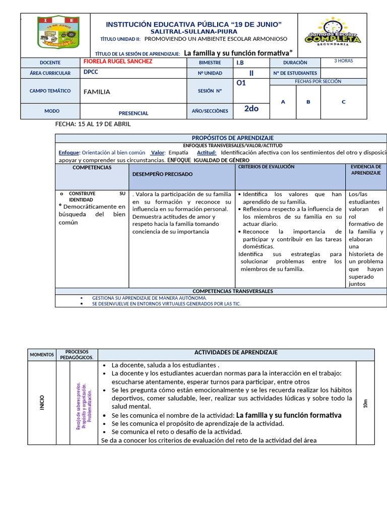 Sesion 01 DPCC Segundo Ii Unidad | PDF | Aprendizaje | Evaluación