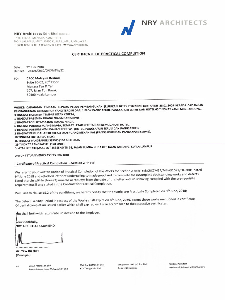 022 - Certificate of Practical Completion - Section | PDF