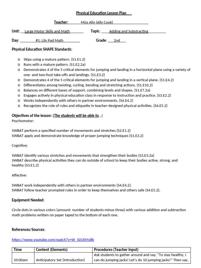 Lily Pad Math Lesson Plan | PDF | Physical Education | Cognitive Science