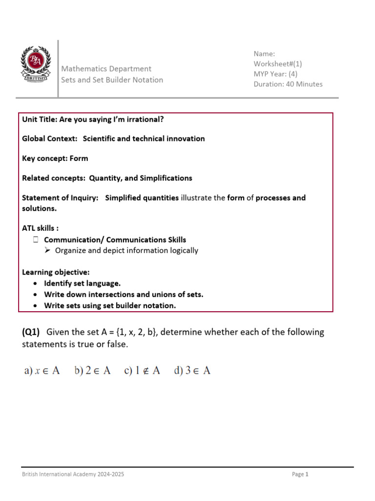 Set Theory Worksheet for MYP 4 | PDF