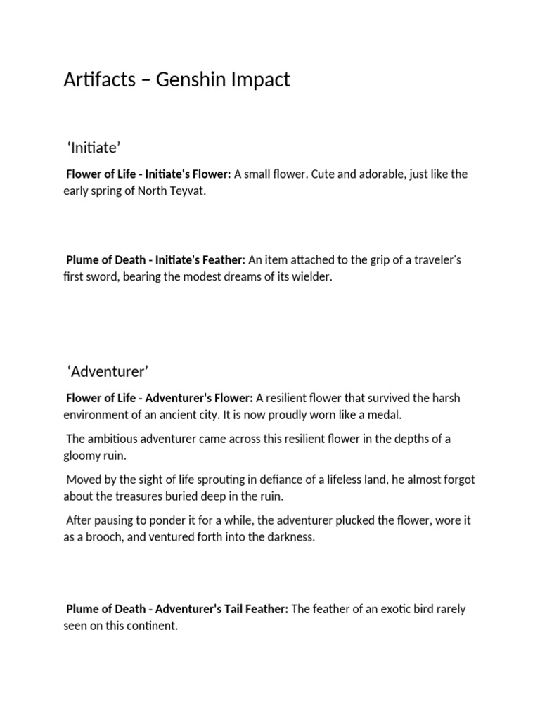 Genshin Impact Artifact Descriptions | PDF | Arrow | Gladiator