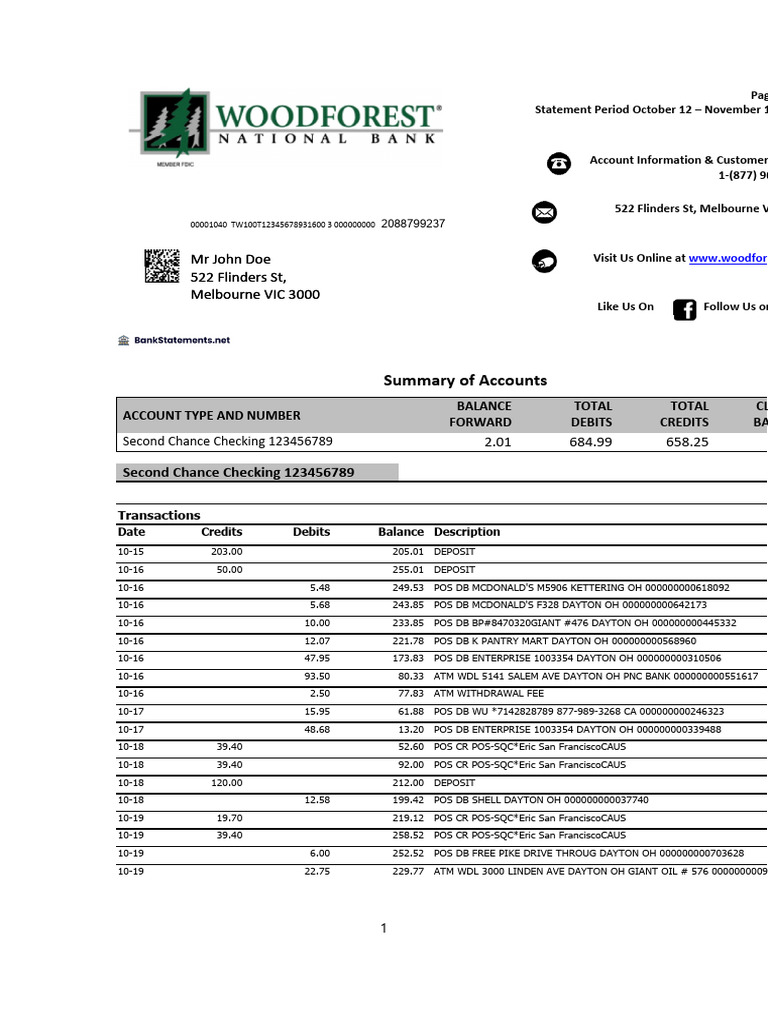 Woodforest Bank Statement BankS | PDF | Banks | Debits And Credits