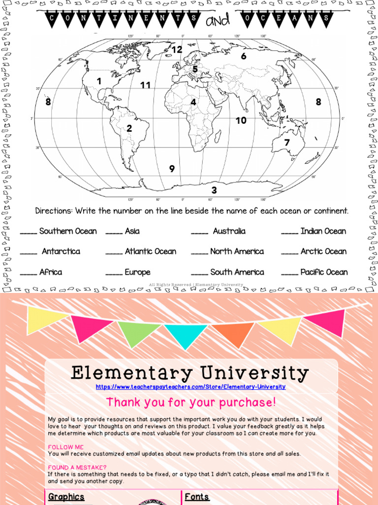 Continents Oceans: Directions: Write The Number On The Line Beside The ...