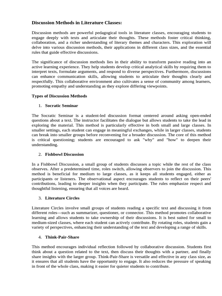 Discussion Methods in Literature Classes | PDF | Thought | Critical ...