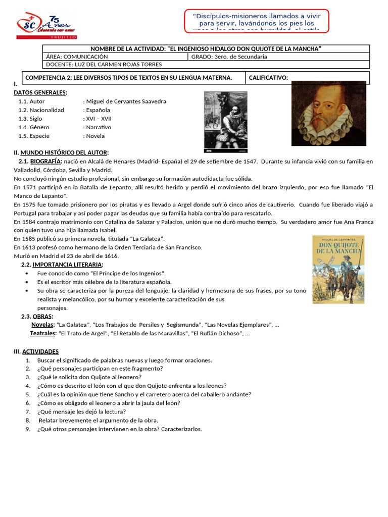 El Ingenioso Hidalgo Don Quijote de La Mancha 3º Secundaria | PDF ...