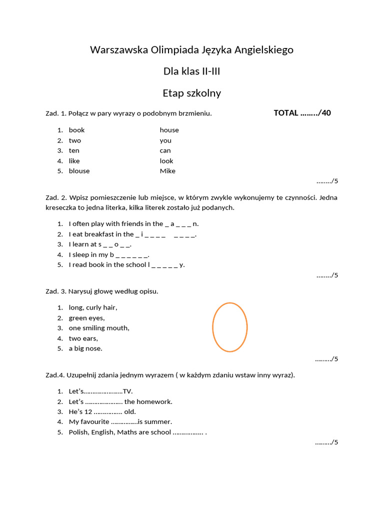 Warszawska Olimpiada Języka Angielskiego Dla Klas II-III Etap Szkolny | PDF