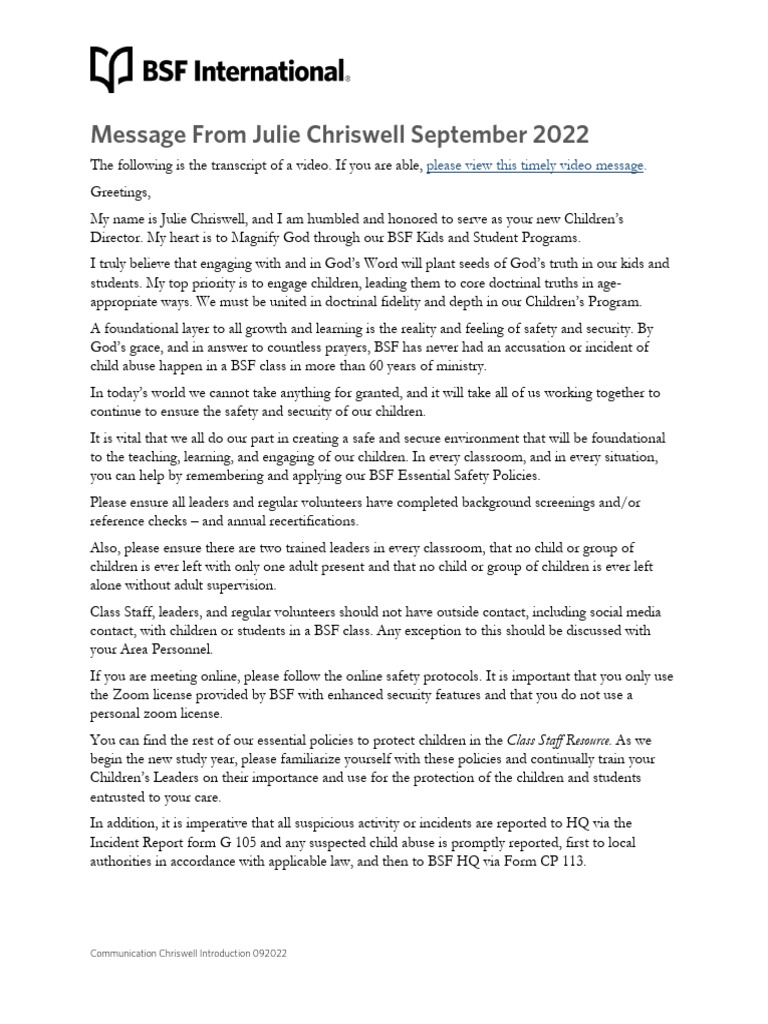 Julie Chriswell Introduction and Safety Message Transcript - 092022 | PDF