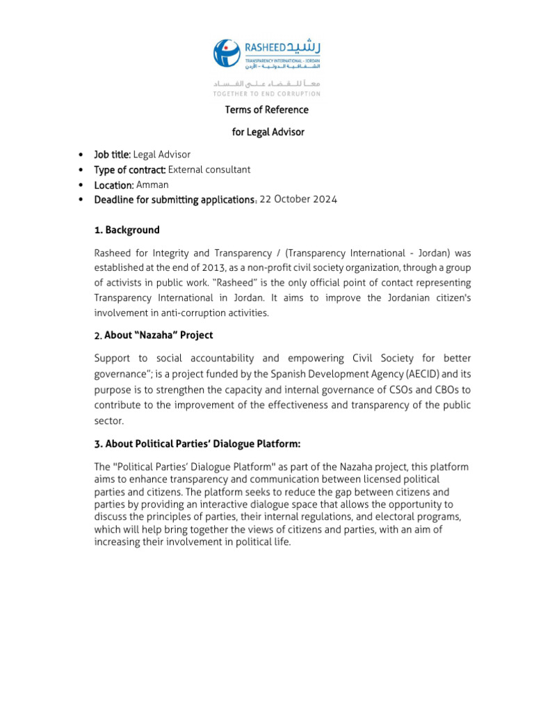 ToR For Legal Expert Nazaha Project - 2024 | PDF | Governance ...