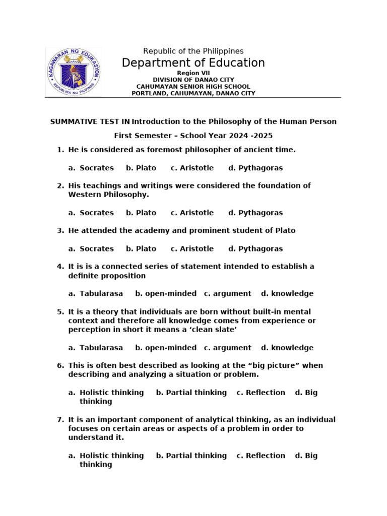 Final Summative Test in Philosophy | PDF | Thought | Socrates