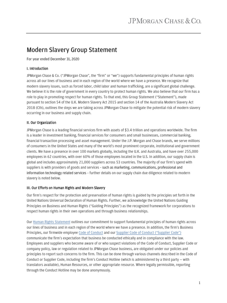 FY2020 JPMC Modern Slavery Group Statement | PDF | Jp Morgan Chase ...