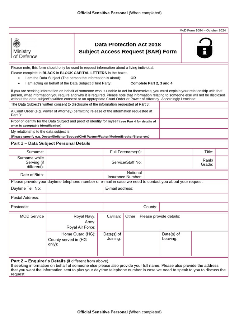 Request Own Records - Subject Access Request SAR Form | PDF | Identity ...