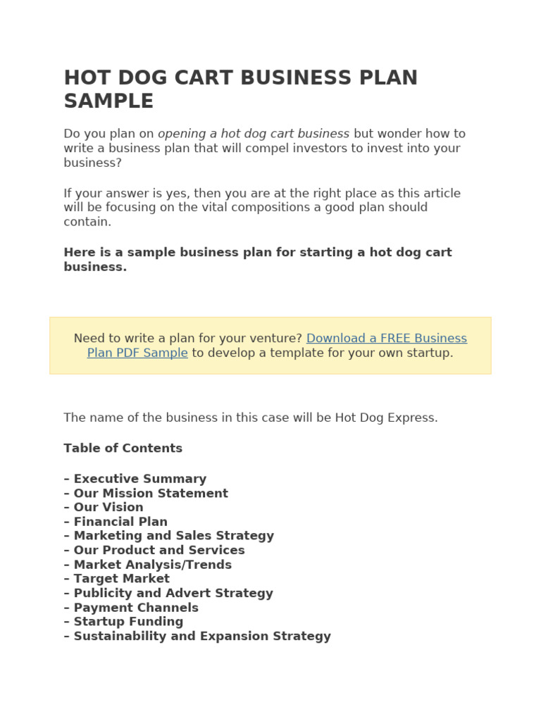 Hot Dog Cart Business Plan Sample | PDF | Banks | Expense