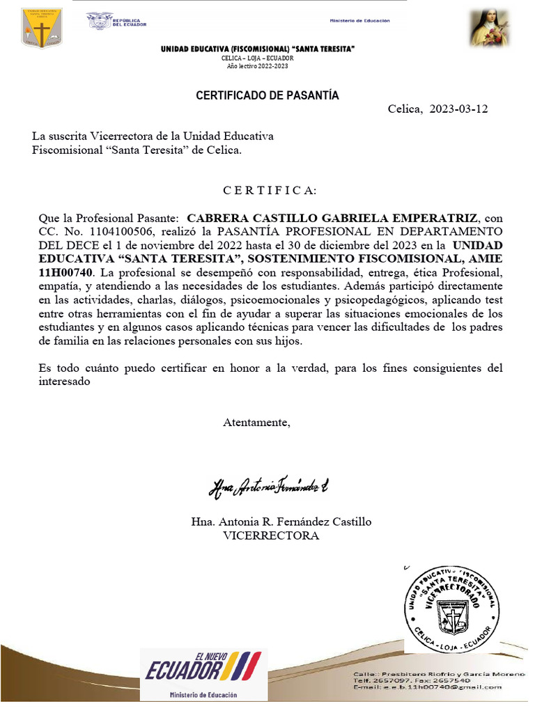 Certificado de Pasantía en El Dece Gabriela1 | PDF