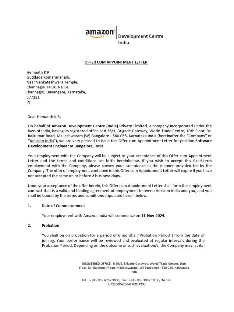 Hemanth K R Offer Cum Appointment Letter... | PDF | Justice | Crime ...