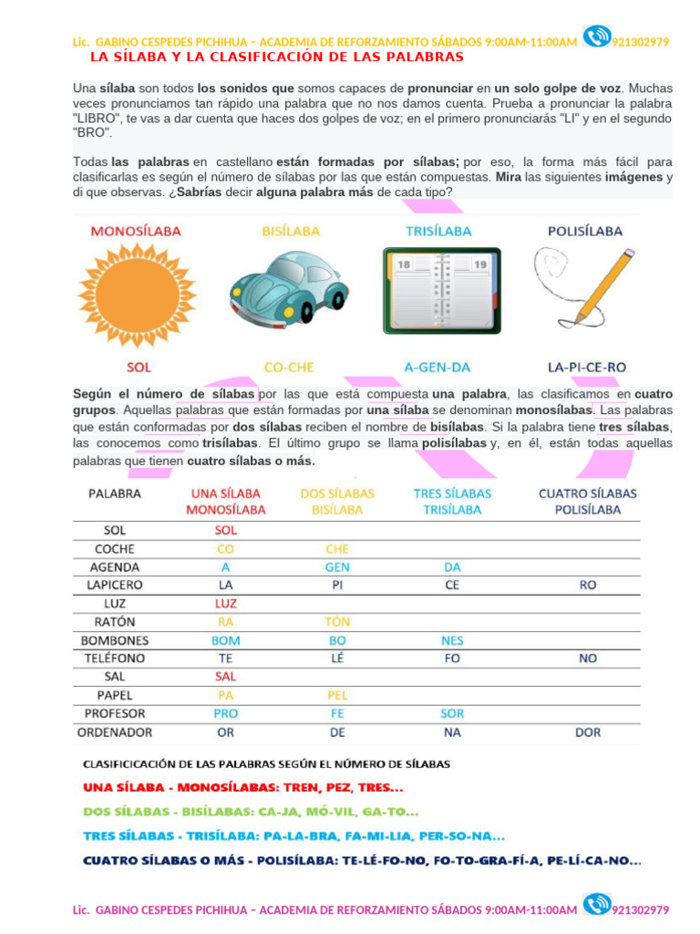 Clasificación de Palabras por Sílabas | PDF | Sílaba | Fonología