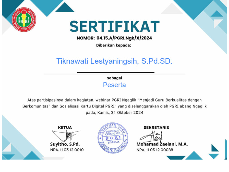 SERTIFIKAT - Tiknawati Lestyaningsih, S.PD - SD. | PDF