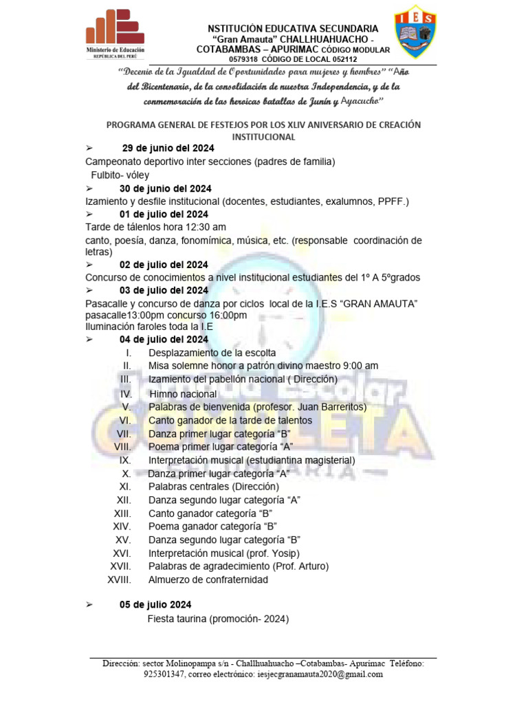 Programa General de Festejos Por Los Xliv Aniversario de Creación Institucional | PDF ...