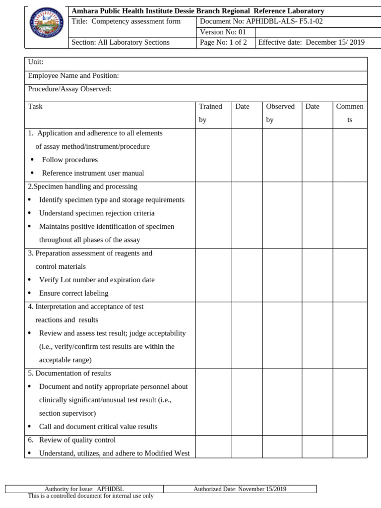 F5.1-02 Competency Assessment Form | PDF | Assay | Laboratories