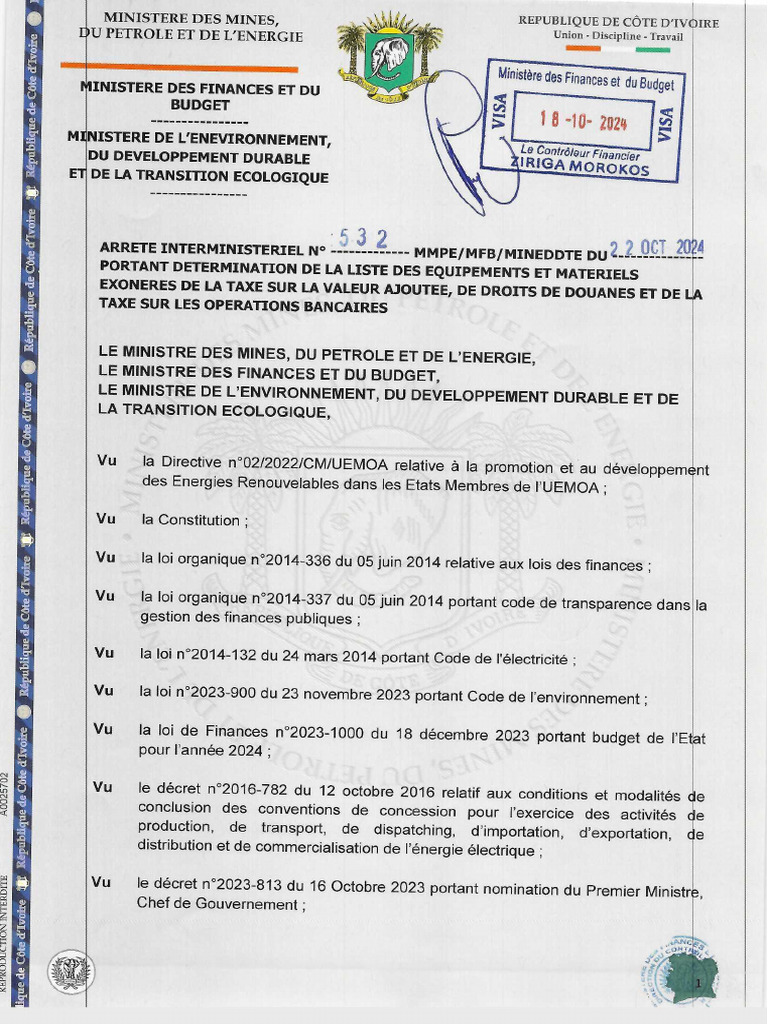 Arrêté Interministériel Equipements Et Matériels Exonérés de Taxe (Bon) | PDF