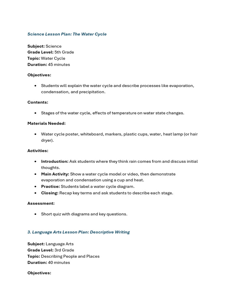 5th Grade Water Cycle Lesson Plan | PDF | Lesson Plan | Water Cycle
