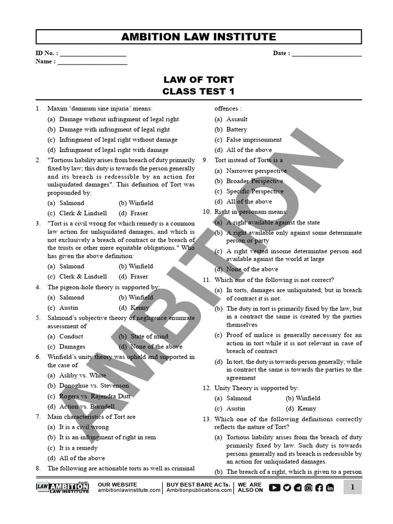 Tort - Objective Test 1 | PDF | Tort | Damages