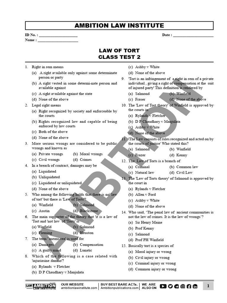Tort - Objective Test 2 | PDF | Tort | Damages