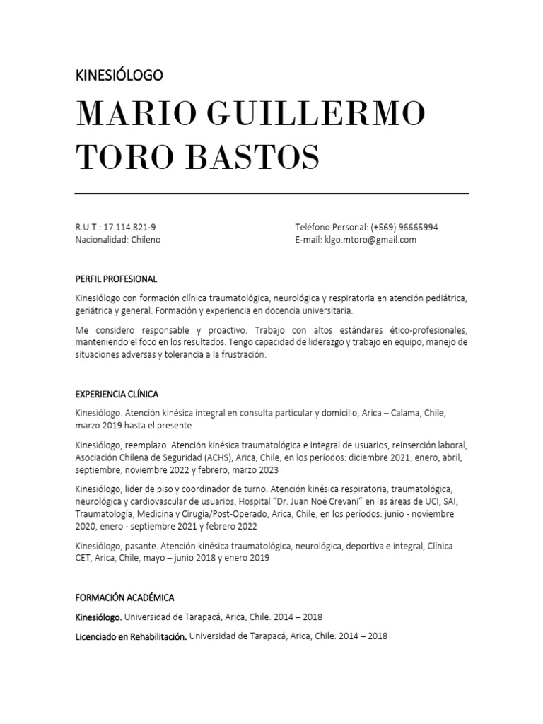 CV Klgo Mario Toro 2023 | PDF | Chile | Hospital