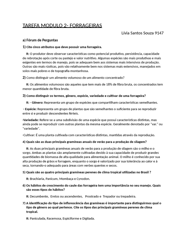 Tarefa Modulo 2 - Forrageiras | PDF | Agricultura