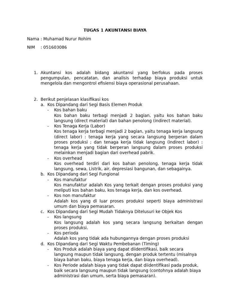 Tugas 1 Akuntansi Biaya | PDF | Pengelolaan Keuangan & Uang
