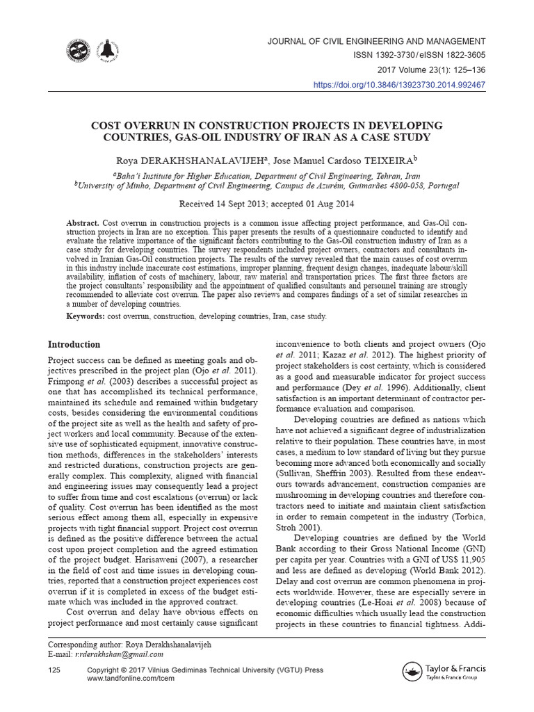 Cost Overrun in Construction Projects in Developin | PDF | Spearman's ...